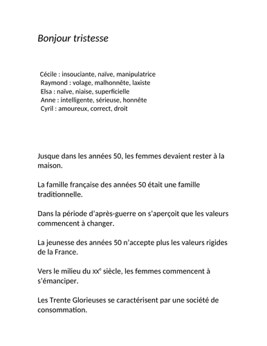 A LEVEL FRENCH "BONJOUR TRISTESSE" - example essay sentences | Teaching ...