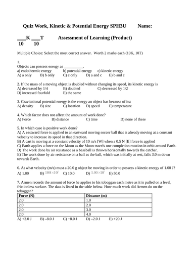 3 WORK AND ENERGY QUIZZES SPH3U Grade 11 Physics Energy Quizzes WITH ...