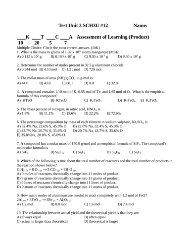 4 STOICHIOMETRY TESTS Chemistry % Composition & Mole Tests SCH3U WITH ...