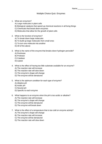 Enzymes Multiple Choice Starter with MS GCSE Biology Quiz | Teaching ...