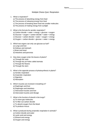 Respiration Multiple Choice Quiz with MS for GCSE Biology | Teaching ...