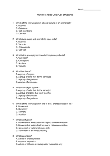 Cell Structures Quiz: Engaging Revision & Exam Prep Multiple Choice ...
