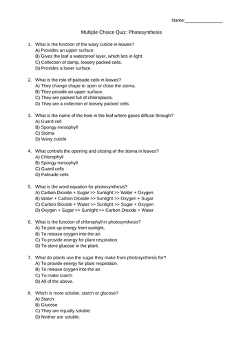Photosynthesis Multiple Choice Starter with MS for GCSE Biology ...