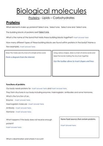 Biological Molecules Worksheet Igcse Biology Teaching Resources