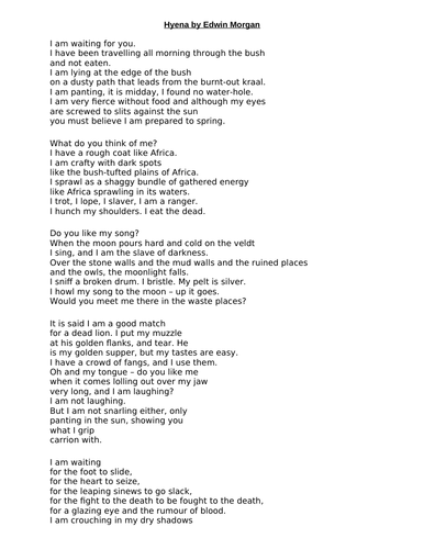 Teaching English: Poetry - Edwin Morgan 'Hyena' | Teaching Resources