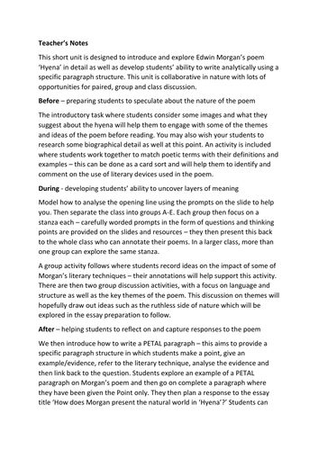 Teaching English: Poetry - Edwin Morgan 'Hyena' | Teaching Resources