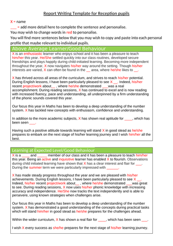 Report Writing Template for Reception Teachers | Teaching Resources