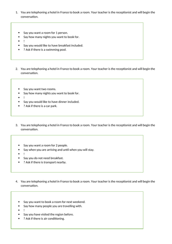 GCSE MFL style role play for hotels and restaurants | Teaching Resources