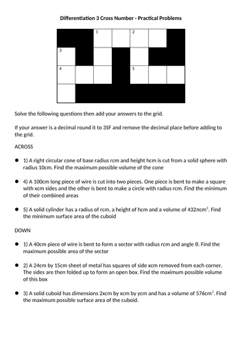 Practical Problems Differentiation A Level Maths Cross Number ...