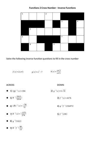 Functions A Level Maths Cross Number Group | Teaching Resources