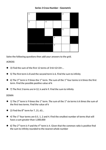 Series A Level Maths Cross Number Group | Teaching Resources