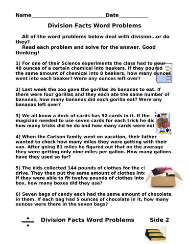 Word Problems for Division Facts (3 Pages) | Teaching Resources