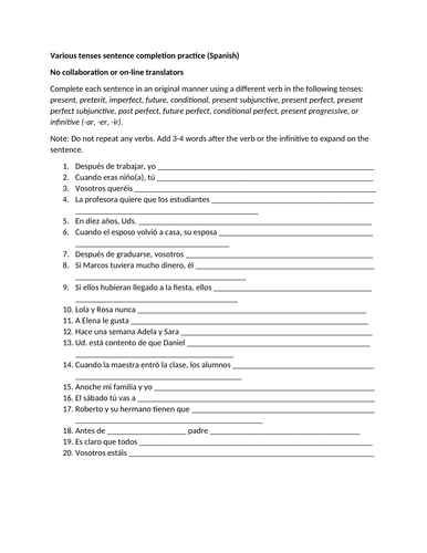 Various tenses sentence completion practice (Spanish) | Teaching Resources