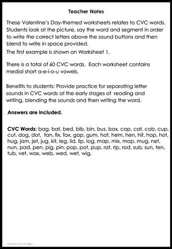 Valentines Day Phonics CVC Words Worksheets | Teaching Resources