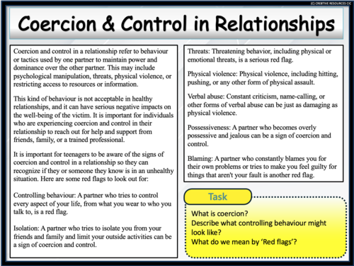 Coercion + Controlling Behaviour PSHE | Teaching Resources