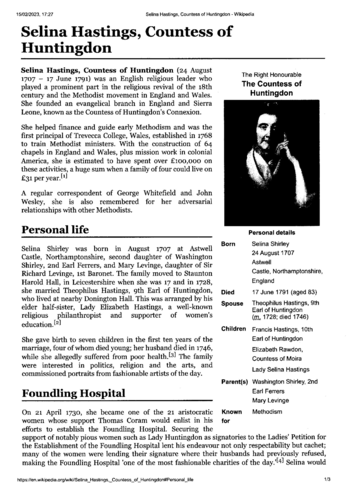 Selina Hastings, Countess of Huntingdon (1707-1791) | Teaching Resources