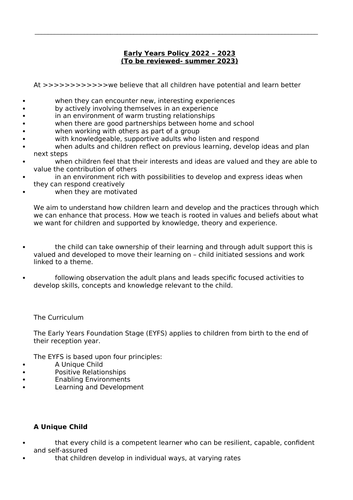 EYFS 2022-2023 Long term plan, EYFS policy and intent, implement and ...