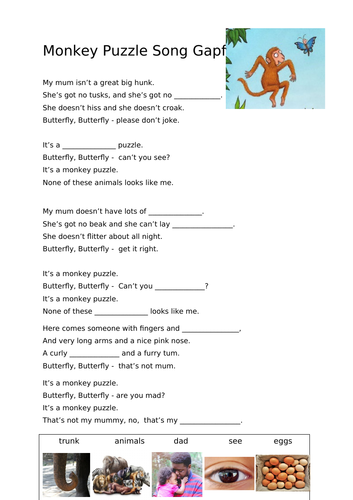Monkey Puzzle Song Gapfill Makaton | Teaching Resources