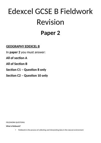 Edexcel B GCSE Geography Paper 2 Fieldwork Revision Pack | Teaching ...