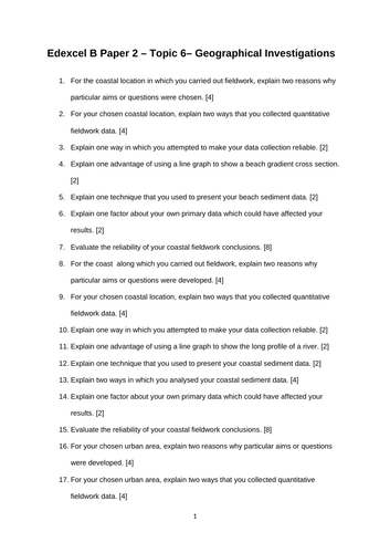 Edexcel B GCSE Geography Paper 2 Fieldwork Revision Pack | Teaching ...