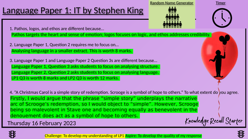 IT by Stephen King: Language Paper 1 SA | Teaching Resources