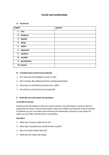Spanish GCSE - Family and relationships | Teaching Resources