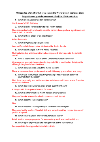 Unreported World North Korea Documentary Worksheet and Answers ...