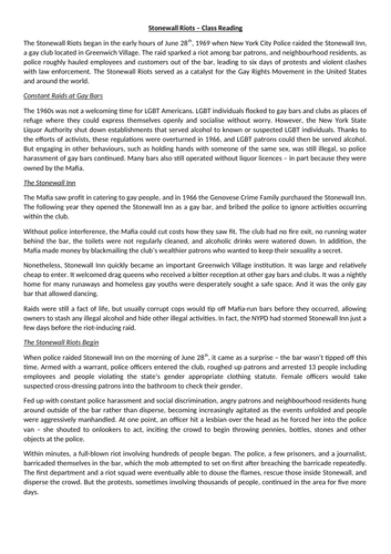 Stonewall Riots - Full Lesson | Teaching Resources