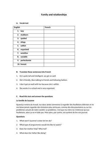 French GCSE Family and relationships | Teaching Resources