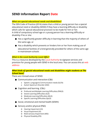 SEND Information Report | Teaching Resources