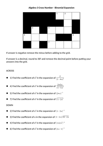 Binomial Expansion Algebra A Level Maths Cross Number | Teaching Resources