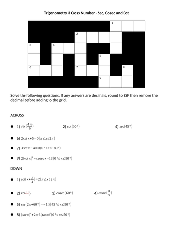Sec, Cosec and Cot A Level Maths Cross Number | Teaching Resources