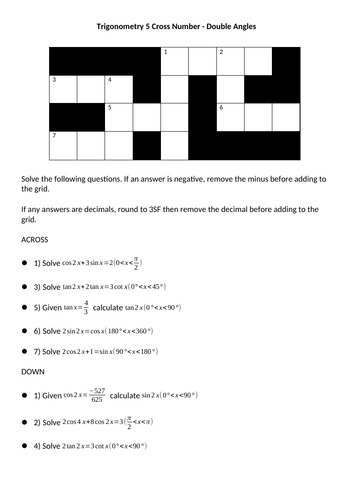 Double Angles A Level Maths Cross Number | Teaching Resources