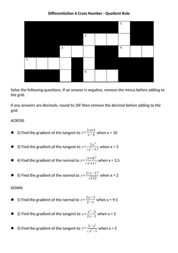 Quotient Rule A Level Maths Cross Number | Teaching Resources