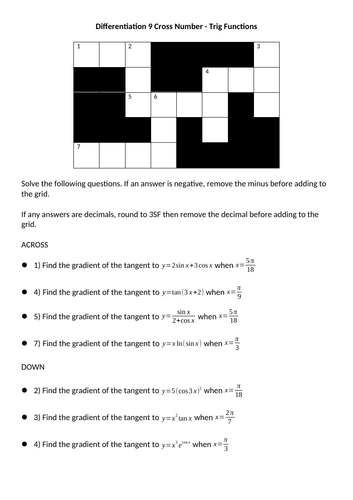 Differentiation Trig Functions A Level Maths Cross Number | Teaching Resources