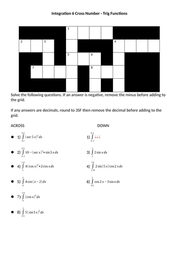 Integration Trig Functions A Level Maths Cross Number | Teaching Resources