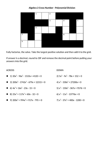Algebra A Level Maths Cross Number Group | Teaching Resources
