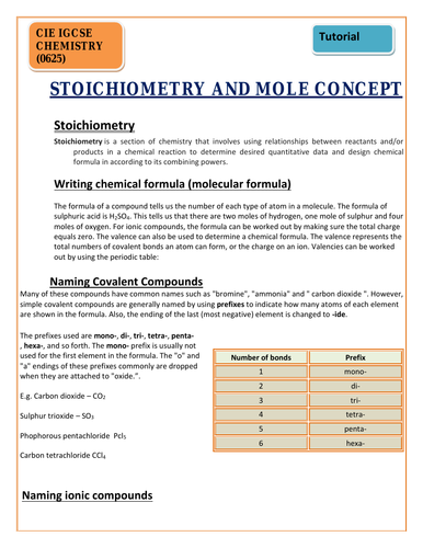 Stoichiometry and mole concept notes with workbook for Cambridge IGCSE ...