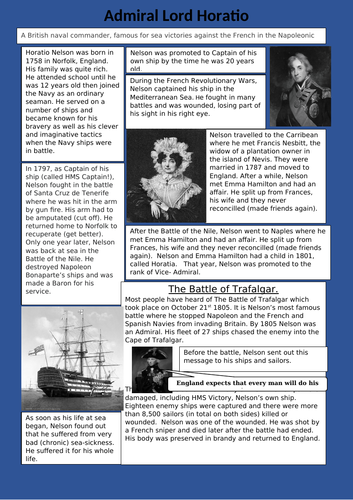 Horatio Nelson Famous person fact sheet. | Teaching Resources