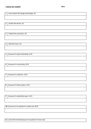 School subjects and opinions - translations -with sentence builder ...