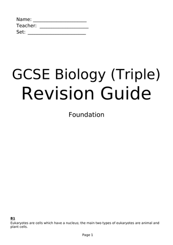 Triple biology revision booklet foundation | Teaching Resources