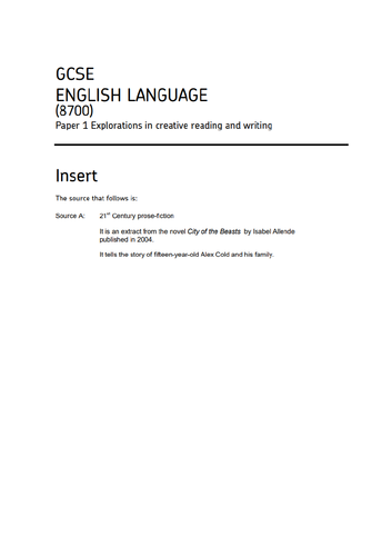 AQA GCSE English Lang Paper 1 City of the Beasts Allende Creative ...