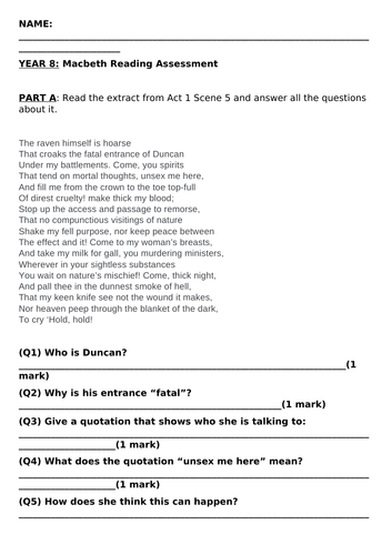 Macbeth Reading Assessment | Teaching Resources
