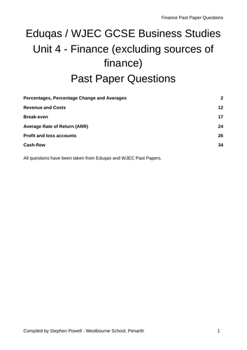 Eduqas/WJEC GCSE Business Finance Questions | Teaching Resources