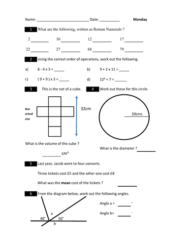 Set 2 of Daily Morning Maths Worksheets for Key Stage 2 Year 6 ...