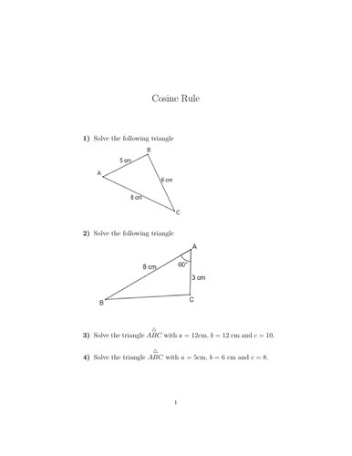 Cosine Rule Worksheet (with solutions) | Teaching Resources
