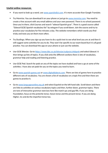 Edexcel Spanish writing/speaking revision | Teaching Resources