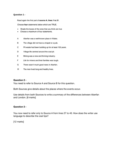 English Language Paper 2 - Questions 1-3 (ABERFAN) | Teaching Resources