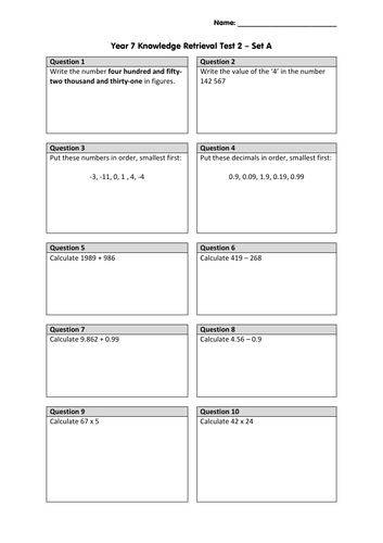Year 7 Knowledge Retrieval Test 2 | Teaching Resources