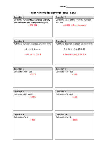 Year 7 Knowledge Retrieval Test 2 | Teaching Resources